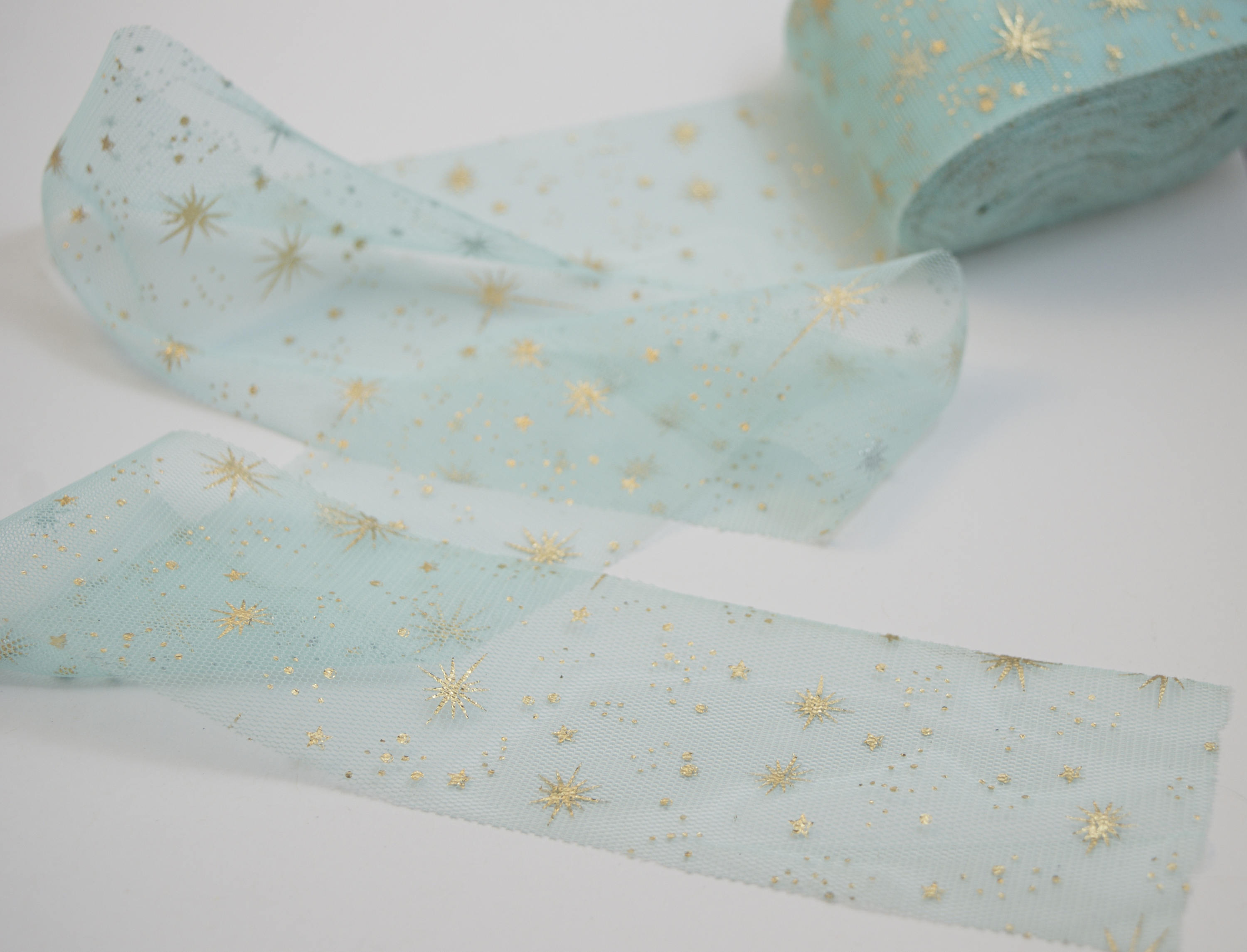Aqua Mint Tulle Ribbon Gold Stars Sparkles, Tulle Ribbon, Mint Tulle ...