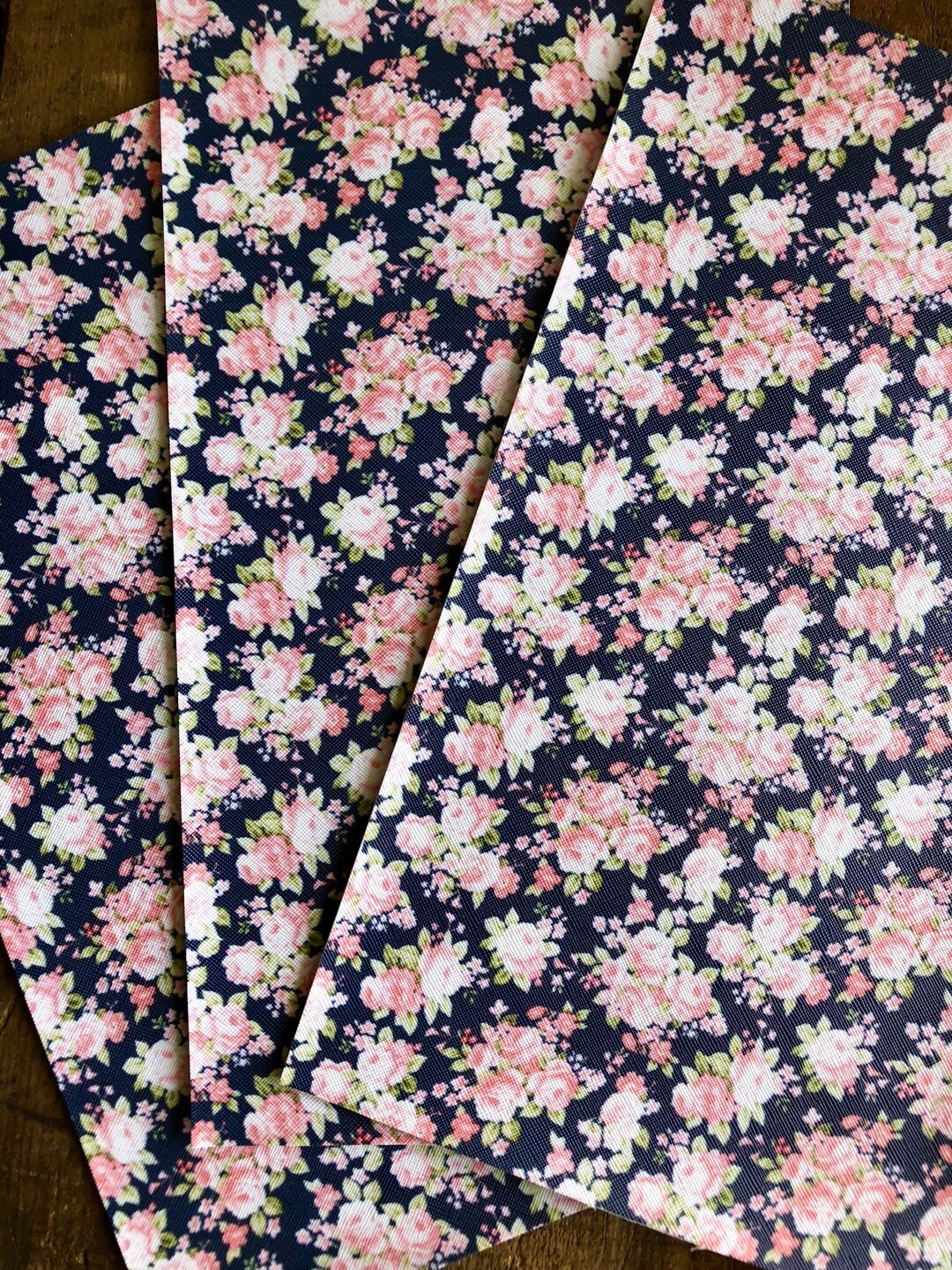 Navy Pink Flower Fabric Backed Fabric Sheet Leatherette 8 X 11 DIY, A4 ...