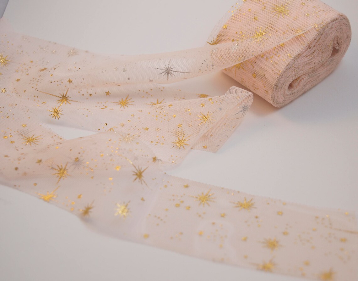 Blush Pink Tulle Ribbon Gold Stars Sparkles Tulle Ribbon | Etsy