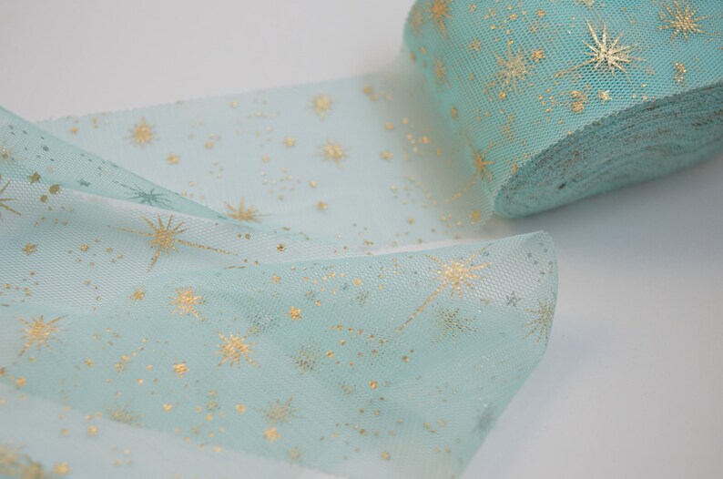 Aqua Mint Tulle Ribbon Gold Stars Sparkles Tulle Ribbon Mint | Etsy