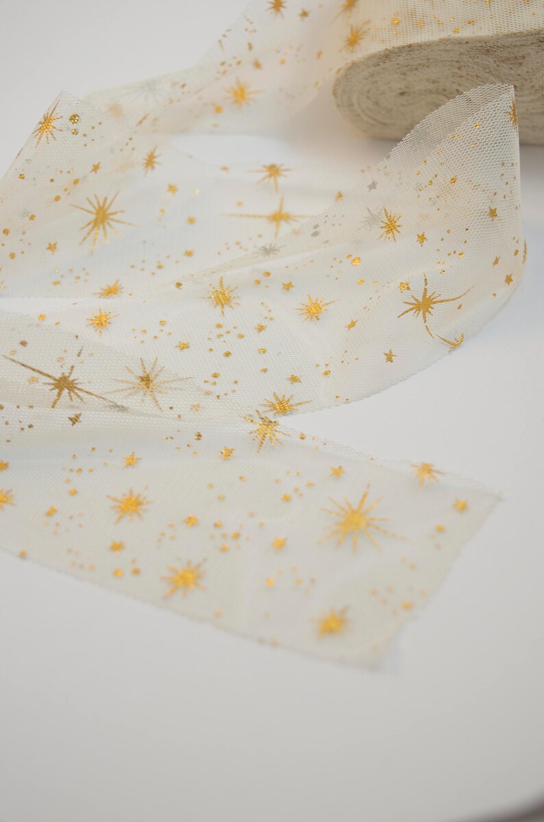 Ivory Cream Tulle Ribbon Gold Stars Sparkles Tulle Ribbon | Etsy