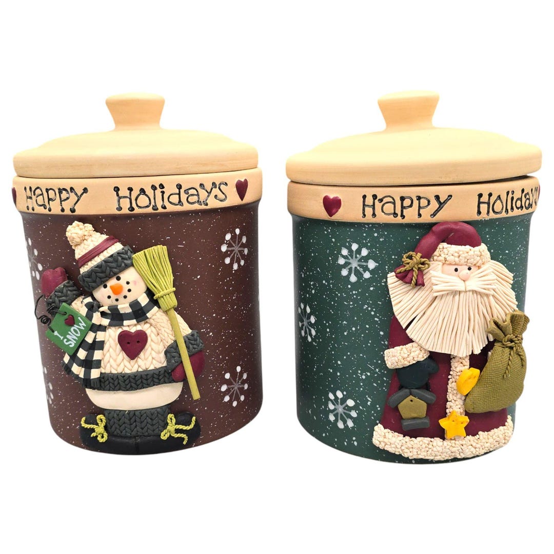 3D Holiday Ceramic Storage Canisters With Lid Set of 2 Snowman & Santa ...