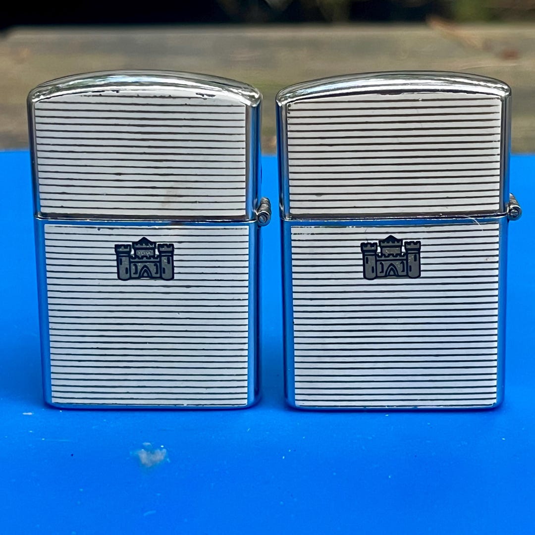 Vintage 1960s Hadson Lighter Pair – Chrome Enamel Striped Castle Logo ...