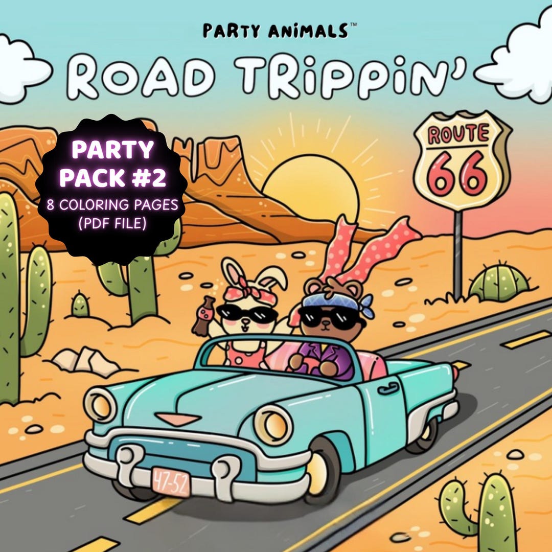 Road Trippin' Coloring Pages: 8 Hand-drawn Party Animals Designs (PDF ...