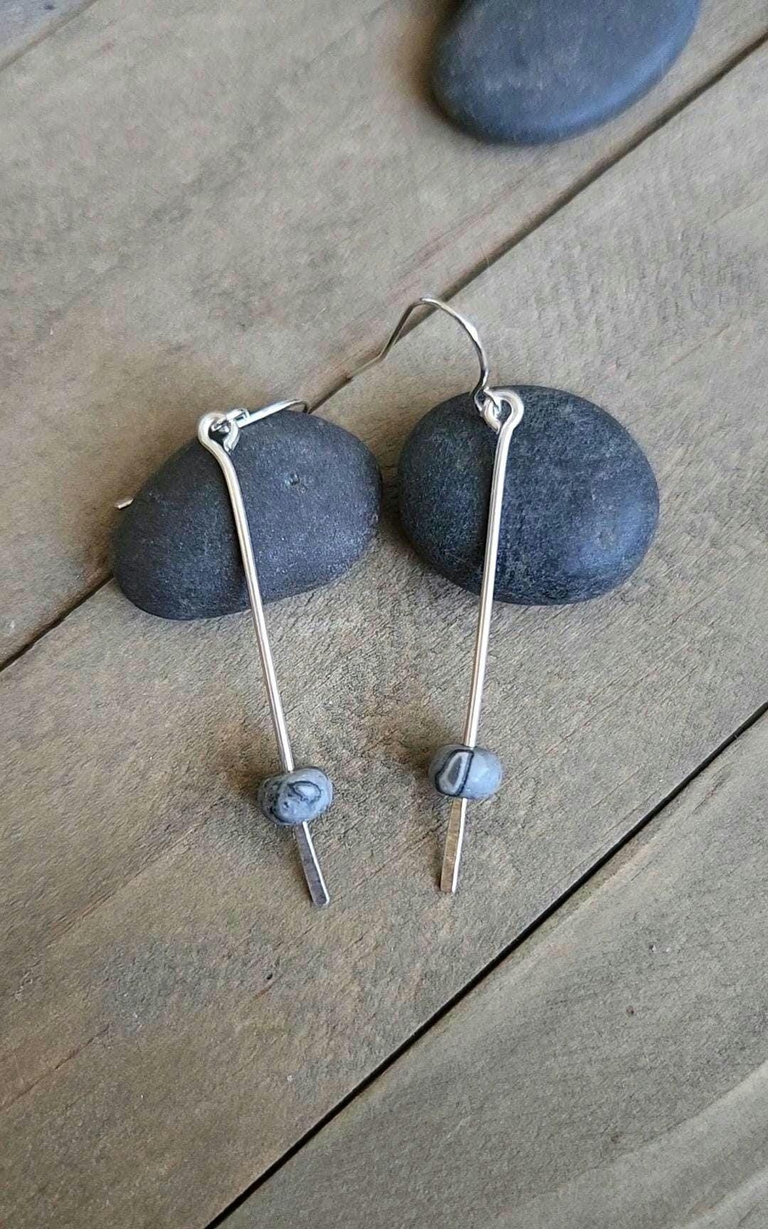 Minimalist Sterling Silver Stick Dangle Earrings With Gray Stone Beads ...