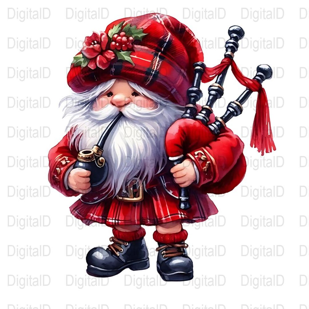 Scottish Santa Gnome PNG, Bagpiper, Watercolor Christmas Clipart ...