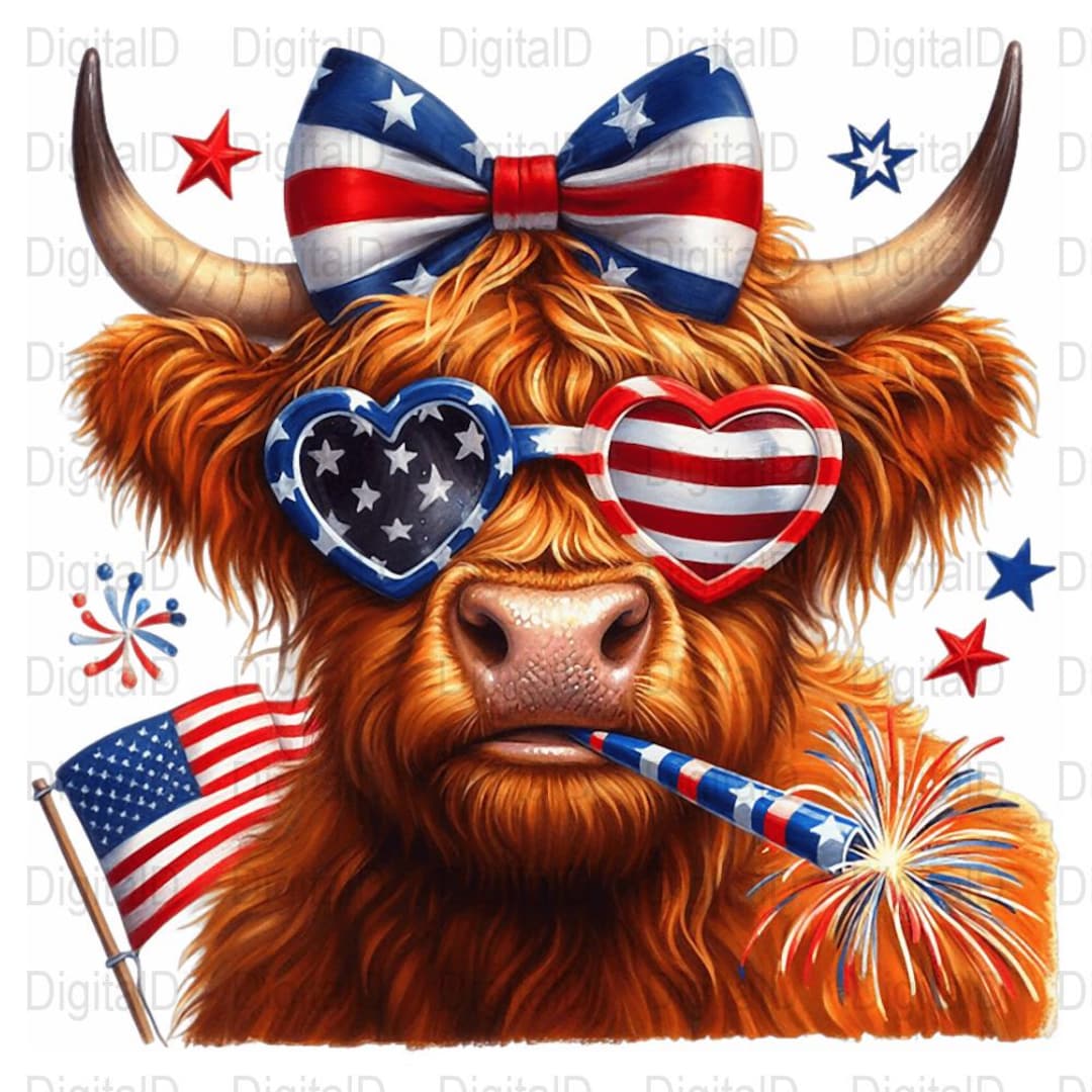 Patriotic Highland Cow Digital Art, USA Flag Print, 4th of July Decor ...