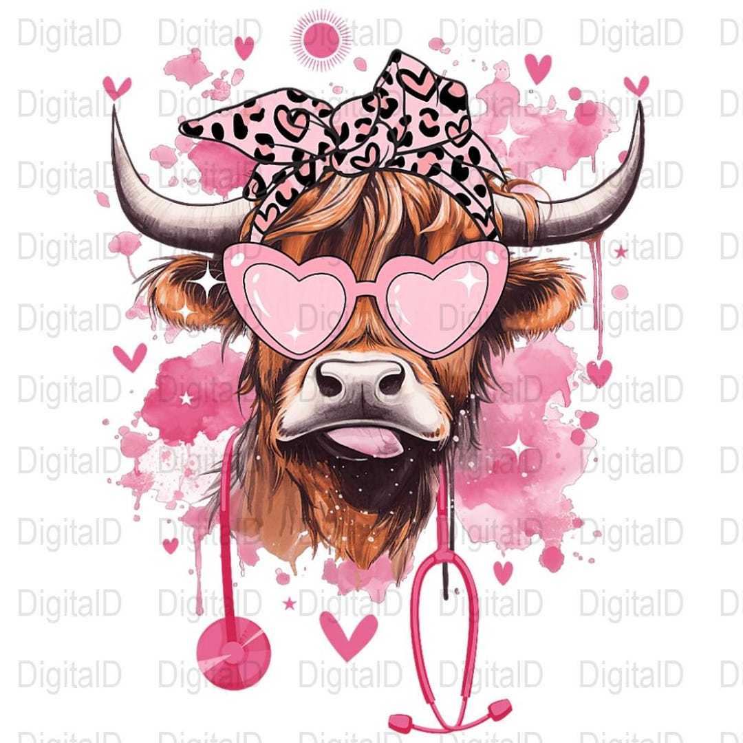 Highland Cow Digital, Cow Doctor Clipart, Pink Stethoscope, Cow With ...