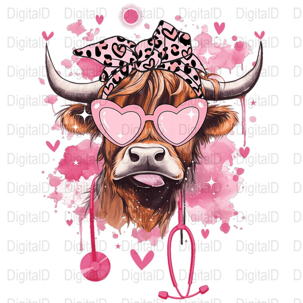 Highland Cow Digital, Cow Doctor Clipart, Pink Stethoscope, Cow With ...