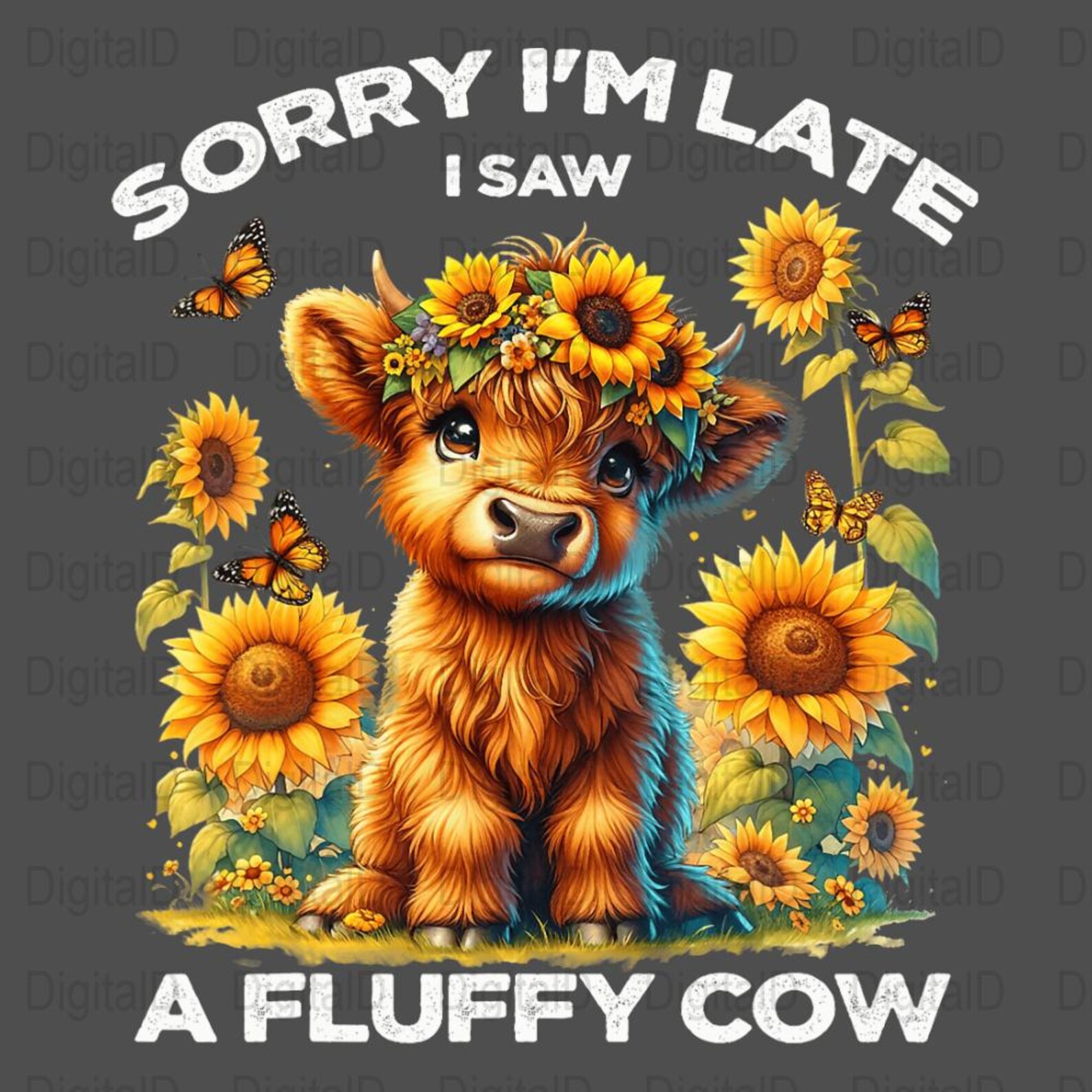 Cute Highland Cow Digital Art, Sorry I'm Late Print, Fluffy Cow With ...