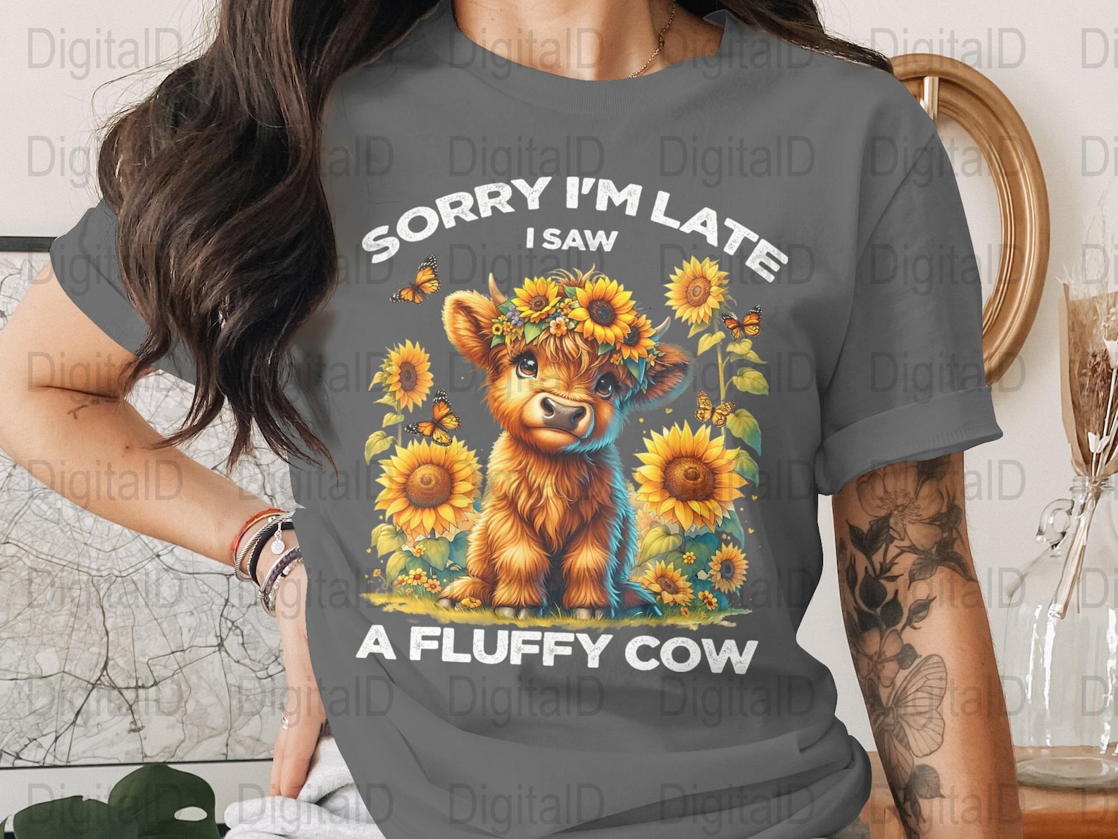 Cute Highland Cow Digital Art, Sorry I'm Late Print, Fluffy Cow With ...