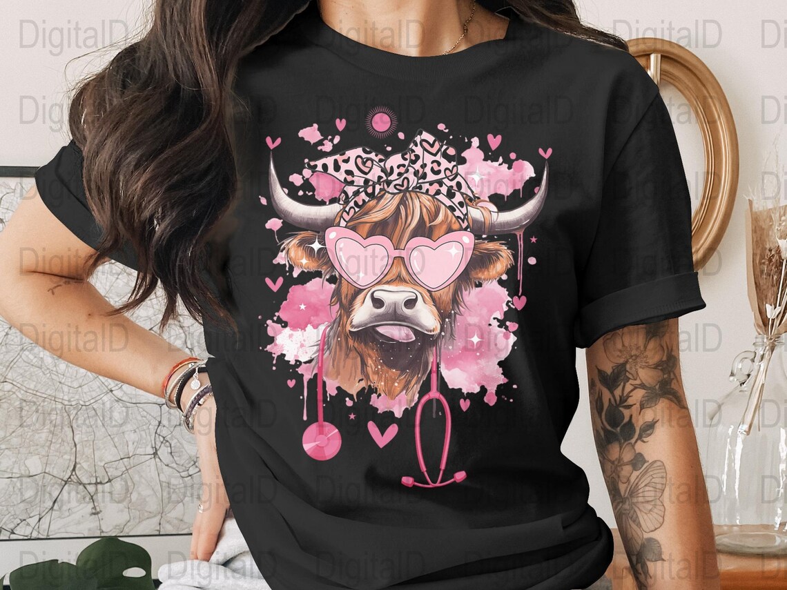 Highland Cow Digital, Cow Doctor Clipart, Pink Stethoscope, Cow With ...