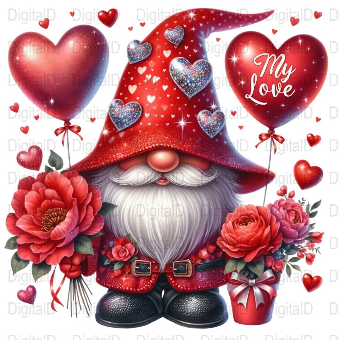 Valentine Gnome Digital Art, Love Heart Print, Romantic Gift, Gnome ...
