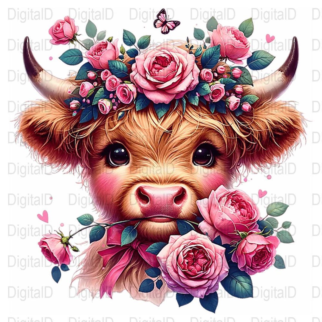Cute Highland Cow With Roses, Digital Art, Flower Crown, Butterfly ...