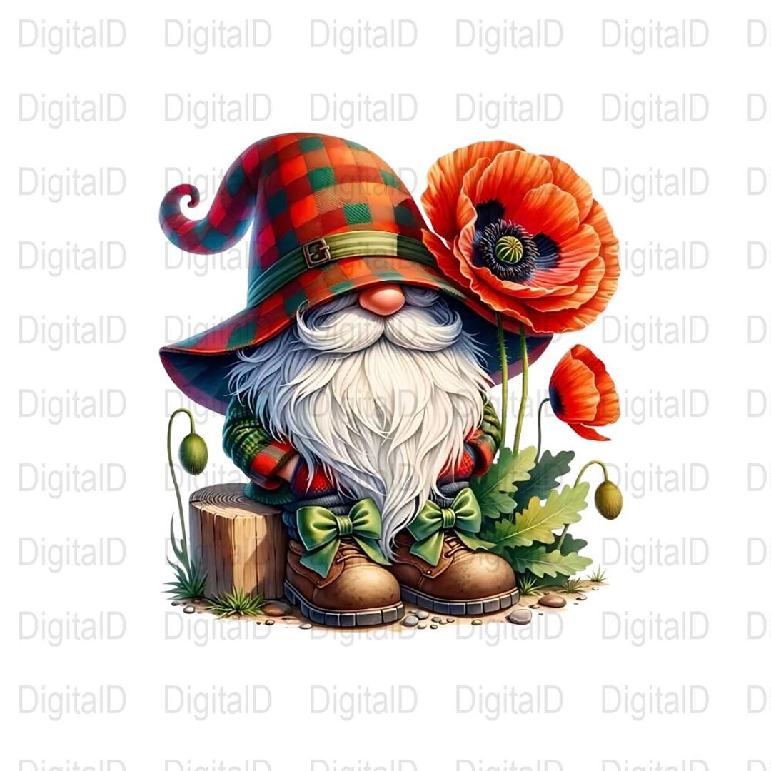 Poppy Gnome Digital PNG, Plaid Hat, Floral Garden Art - Etsy