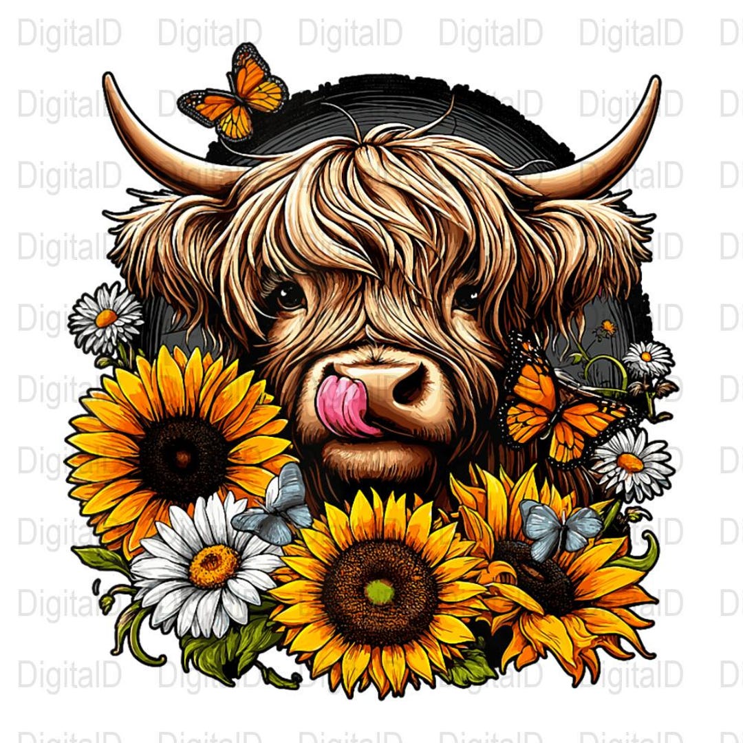 Highland Cow Digital Art, Floral Cow Image, Butterfly Cow Print ...