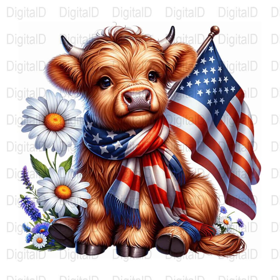 Patriotic Highland Cow Digital Art, USA Flag Scarf, Cute Calf Print ...
