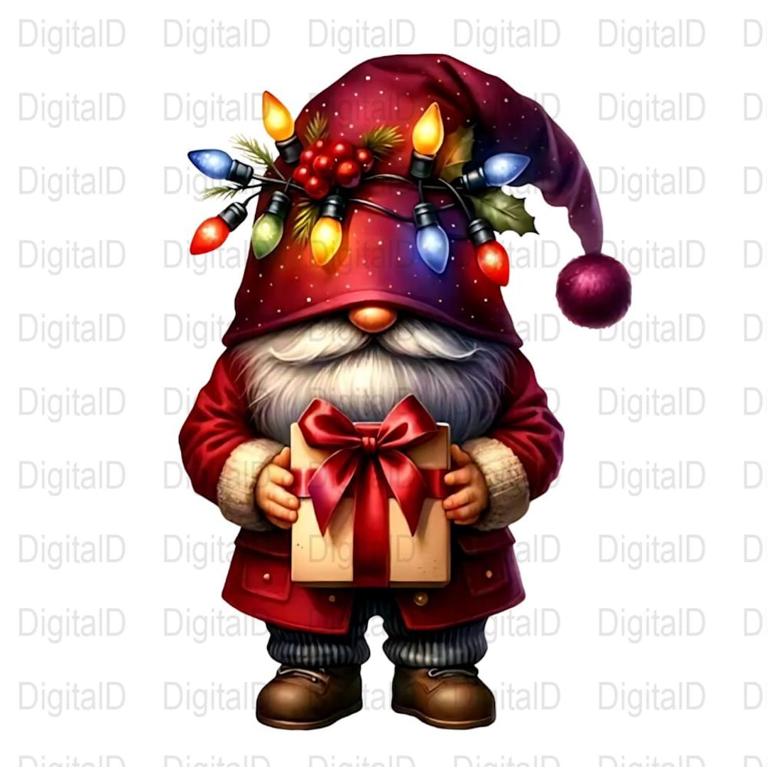 Christmas Lights Gnome PNG, Gift Giving, Holiday Clipart (digital ...