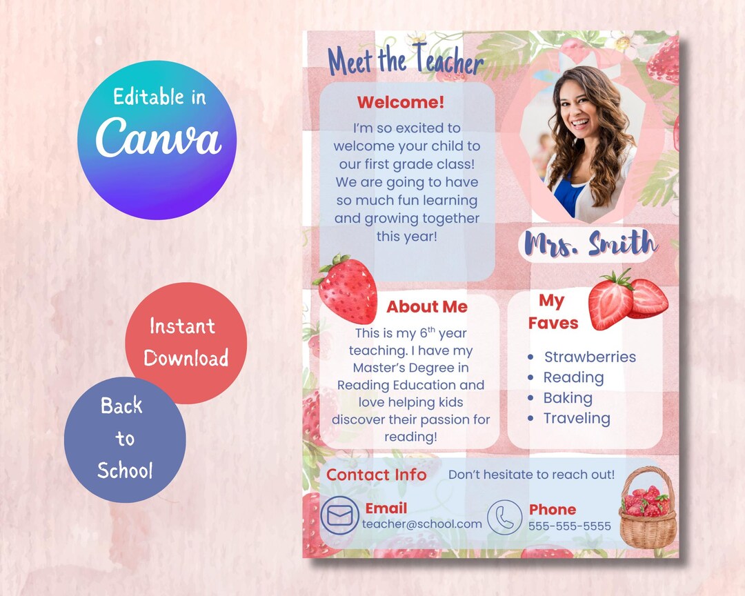 Strawberry Meet the Teacher Template: Editable Canva Back to School ...