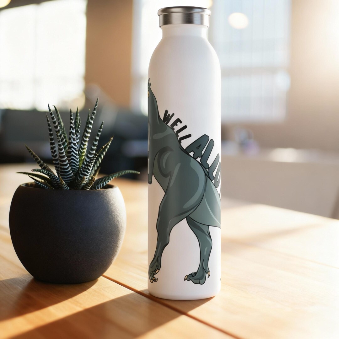 Well Allo There Slim Water Bottle - Funny Allosaurus Dinosaur Artwork ...