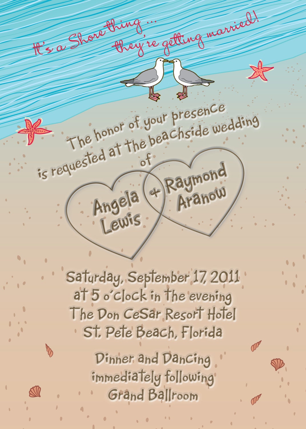 Beach Wedding Invitation With Hearts in Sand Seagulls and | Etsy