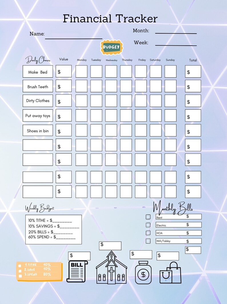 Kids Financial Tracker | Chore Payment Chart | Teach Budgeting ...
