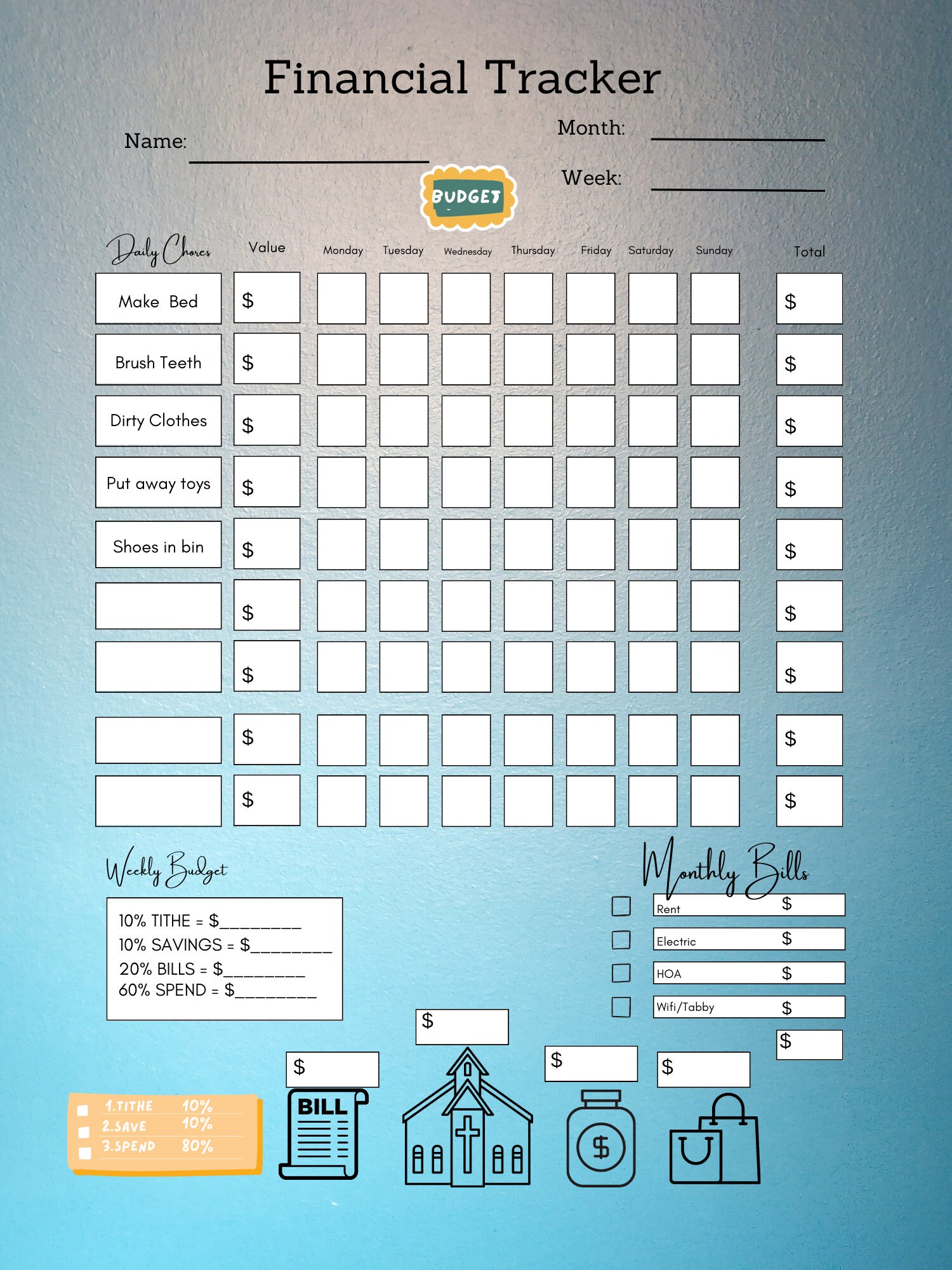 Kids Financial Tracker | Chore Payment Chart | Teach Budgeting ...
