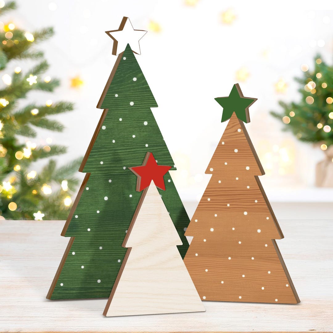 Rustic Neutral Christmas Tree Trio – Wooden Holiday Table Decor (set of ...