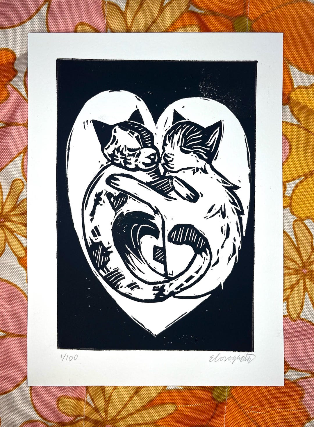 Rag-doll Hug- Linocut Hand-printed Original Block Print (5x7) (limited ...
