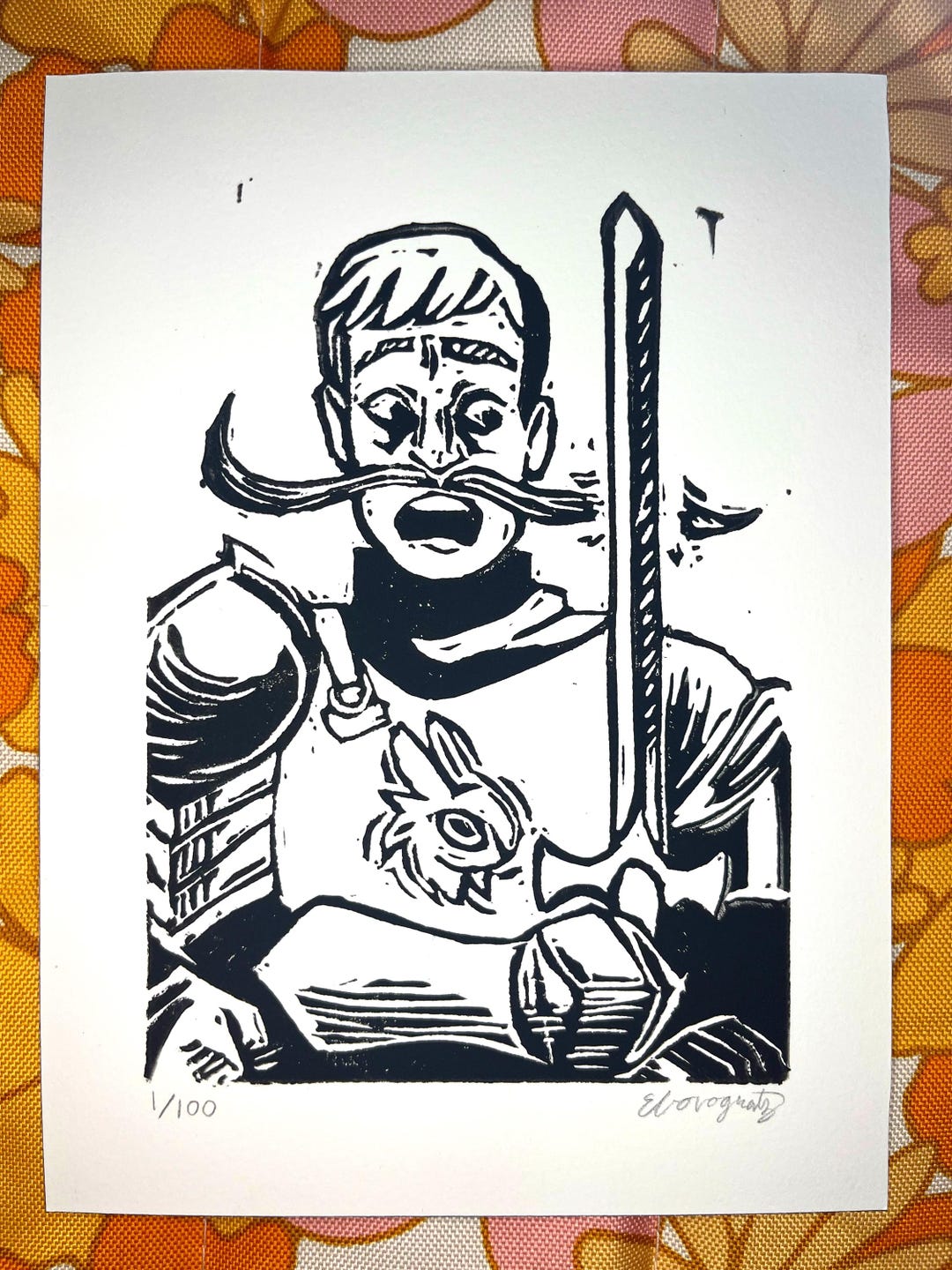 Mustache Knight- Linocut Hand-printed Original Block Print (5x7 ...