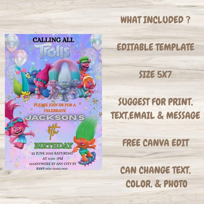 Editable Troll Birthday Party Invitation Template (5x7) Digital ...