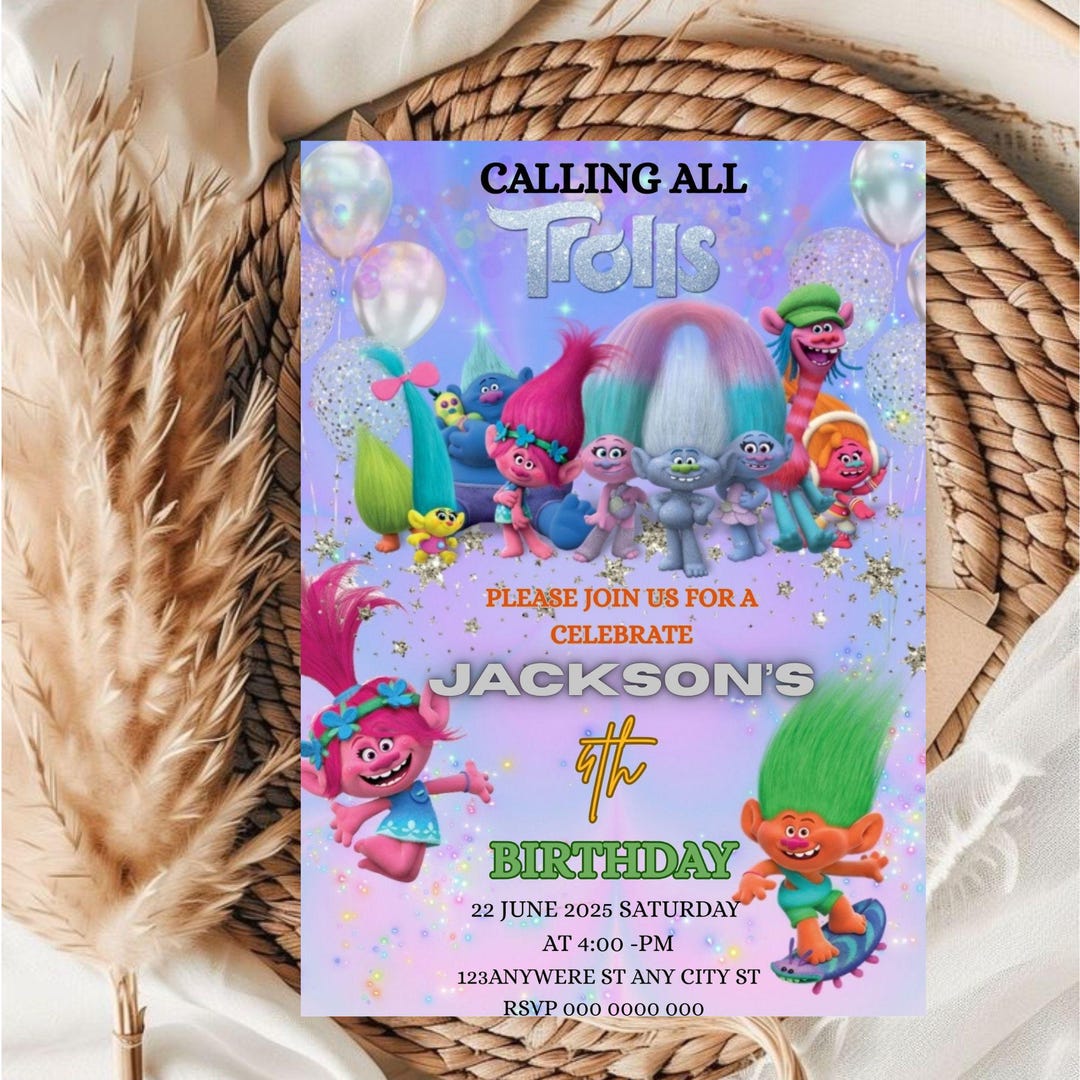 Editable Troll Birthday Party Invitation Template (5x7) Digital ...