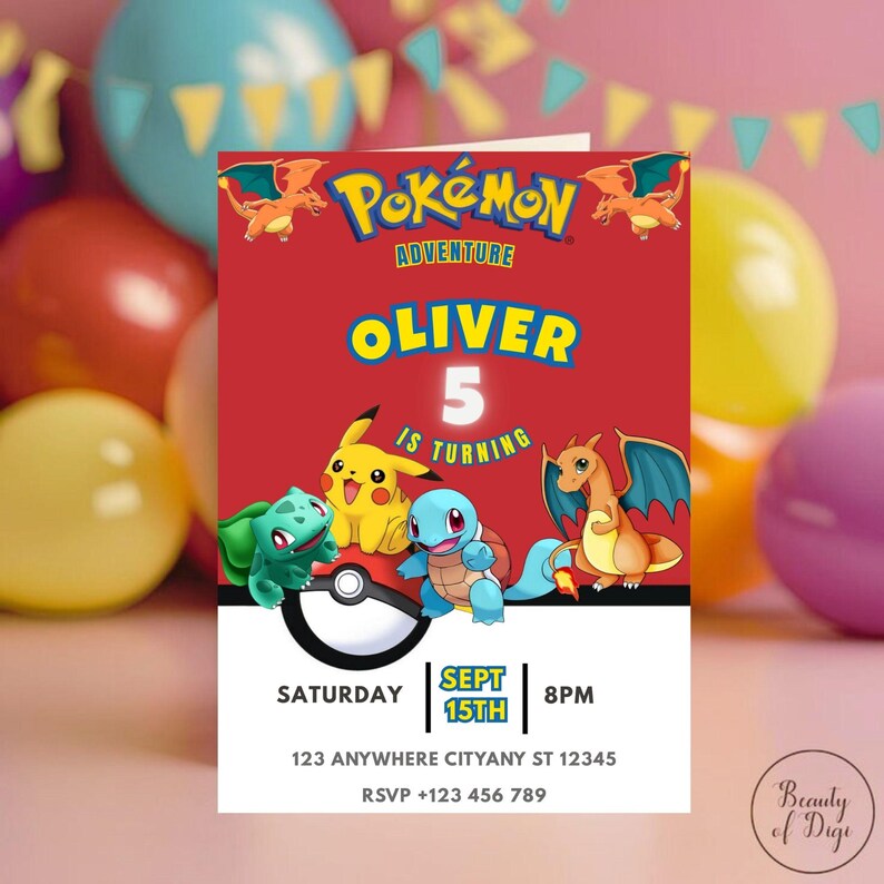 Editable Pokemon Birthday Party Card Invitation Template (5x7) Digital ...