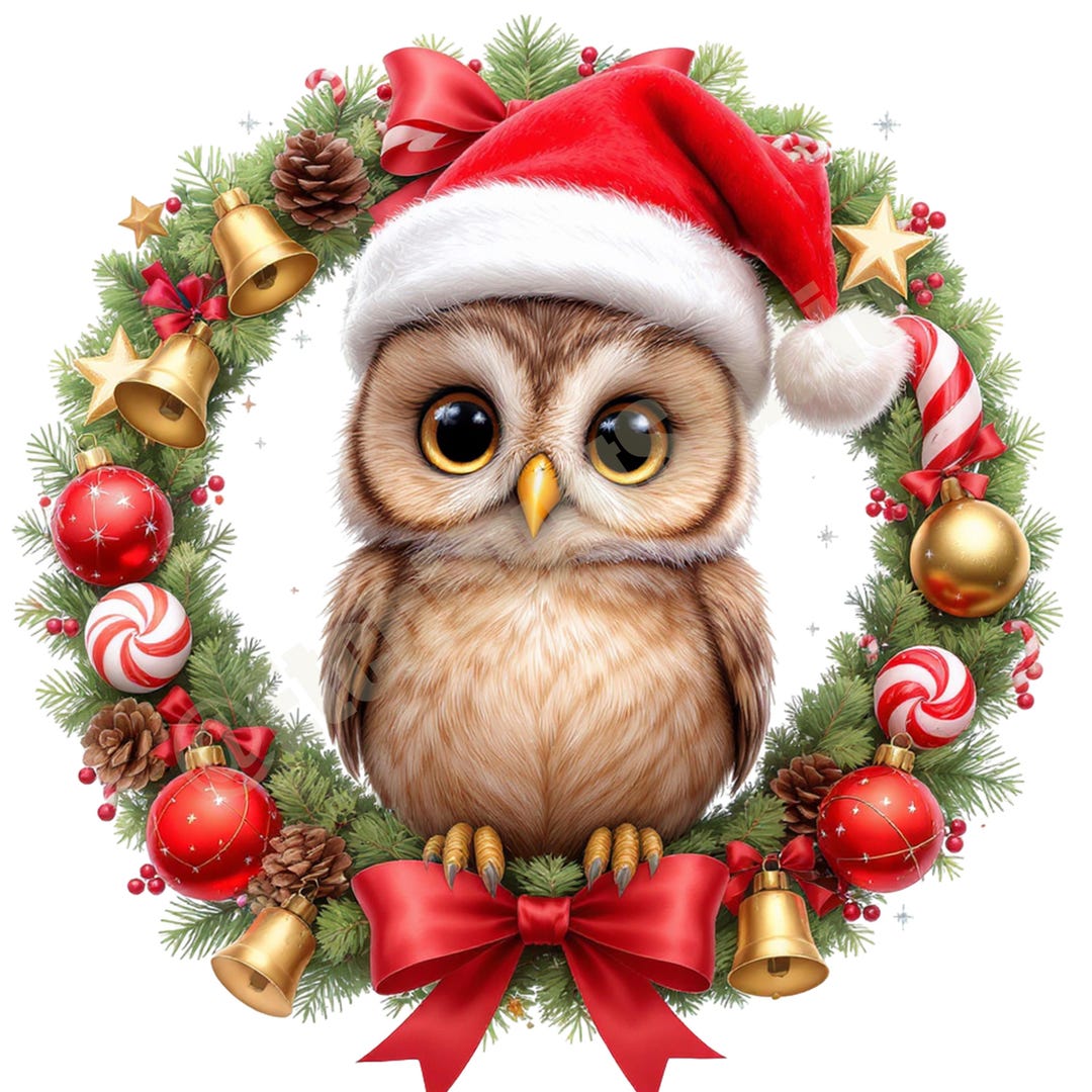 Festive Baby Owl Christmas Wreath Clipart PNG - Digital Download for ...