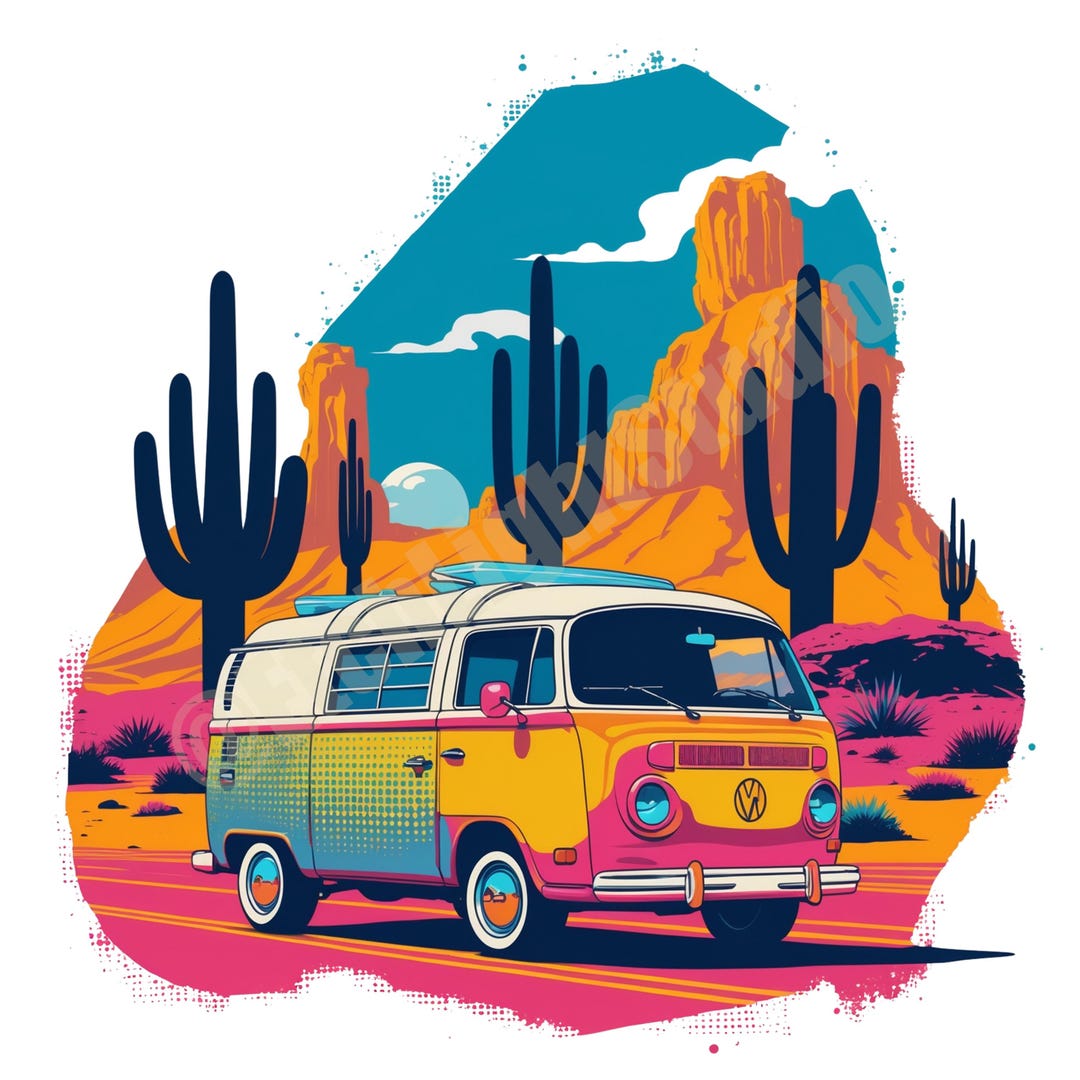 Vintage Van & Desert Scene PNG | Retro Road Trip Sublimation Print ...
