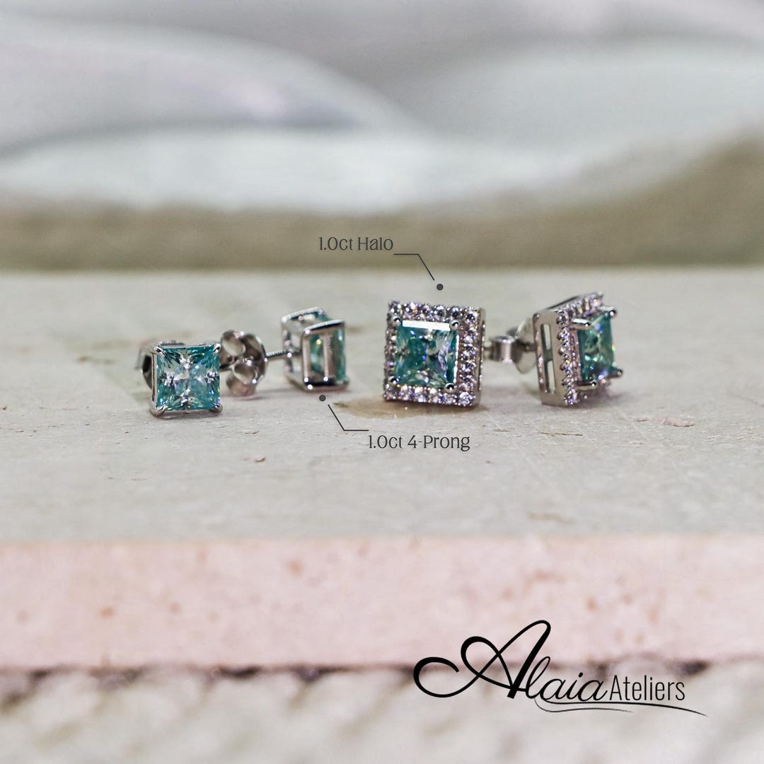 2ct Princess Cut Cyan Moissanite Halo Studs, S925 Silver Aqua Blue ...