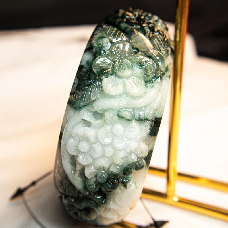 Burmese Jadeite Bangle: Hand-carved Pikul Flower Amulet, Moss-in-snow ...