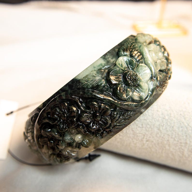 Burmese Jadeite Bangle: Hand-carved Pikul Flower Amulet, Moss-in-snow ...