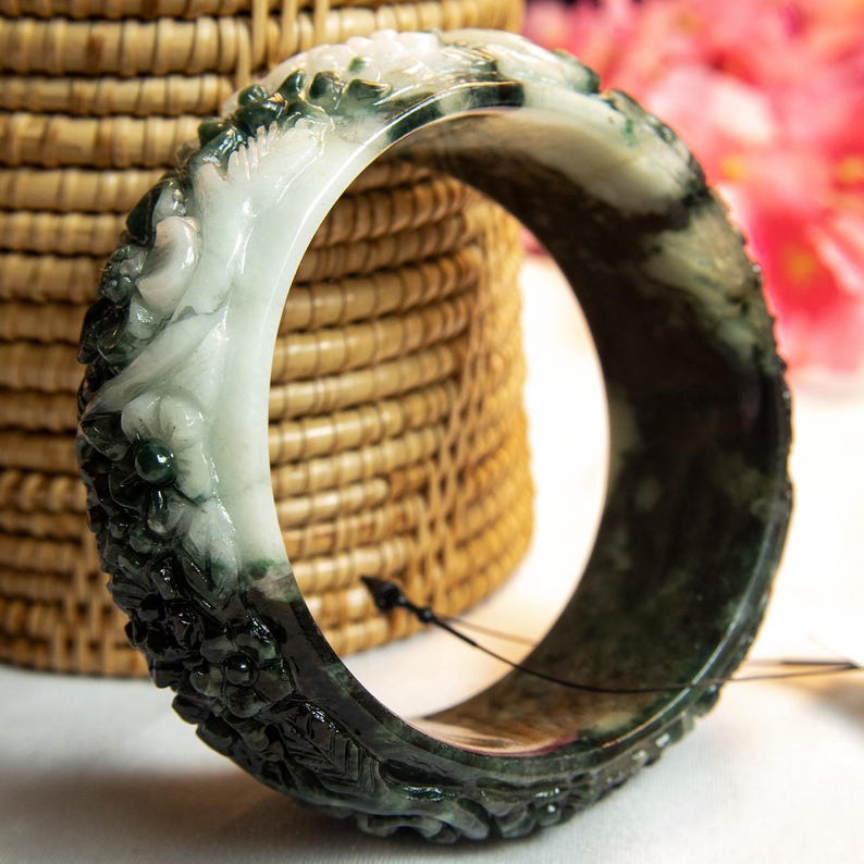 Burmese Jadeite Bangle: Hand-carved Pikul Flower Amulet, Moss-in-snow ...