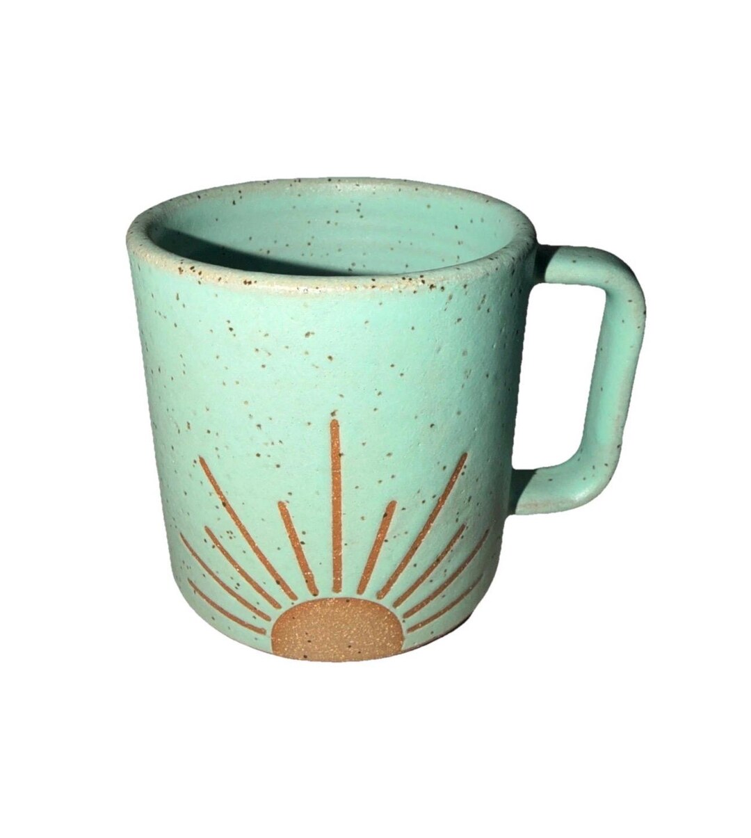 Allen Pottery Handmade Stoneware Mug Green Speckled Sunburst Signed ...