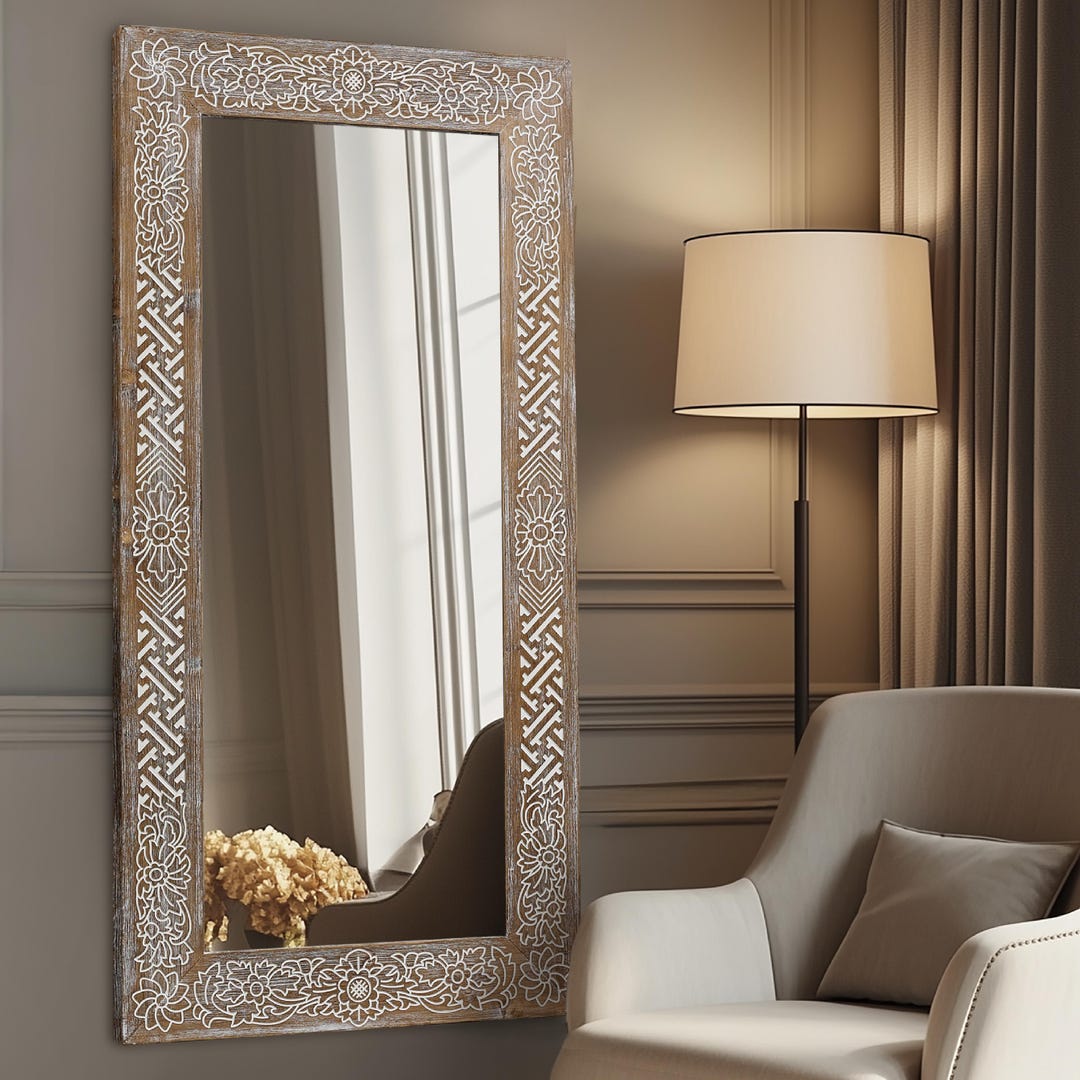 Rustic Accent Mirror - Carved Wooden Frame for Aesthetic Interiors ...