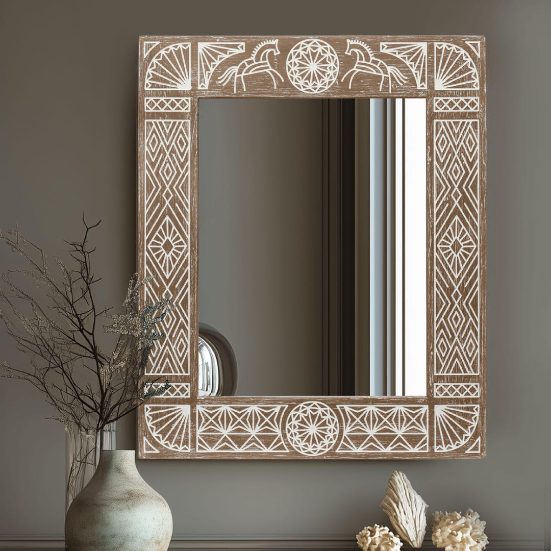 Folklore-inspired Carved Wood Mirror - Perfect Size for Bathroom ...