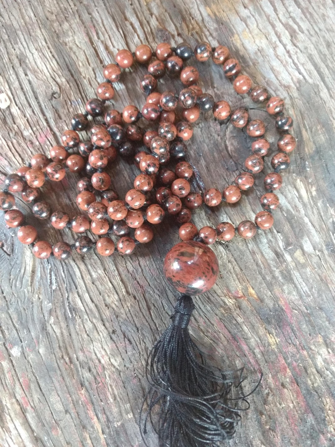 MALA: MAHOGANY OBSIDIAN Beads Silk Tassel Necklace 108 Count Plus Guru ...