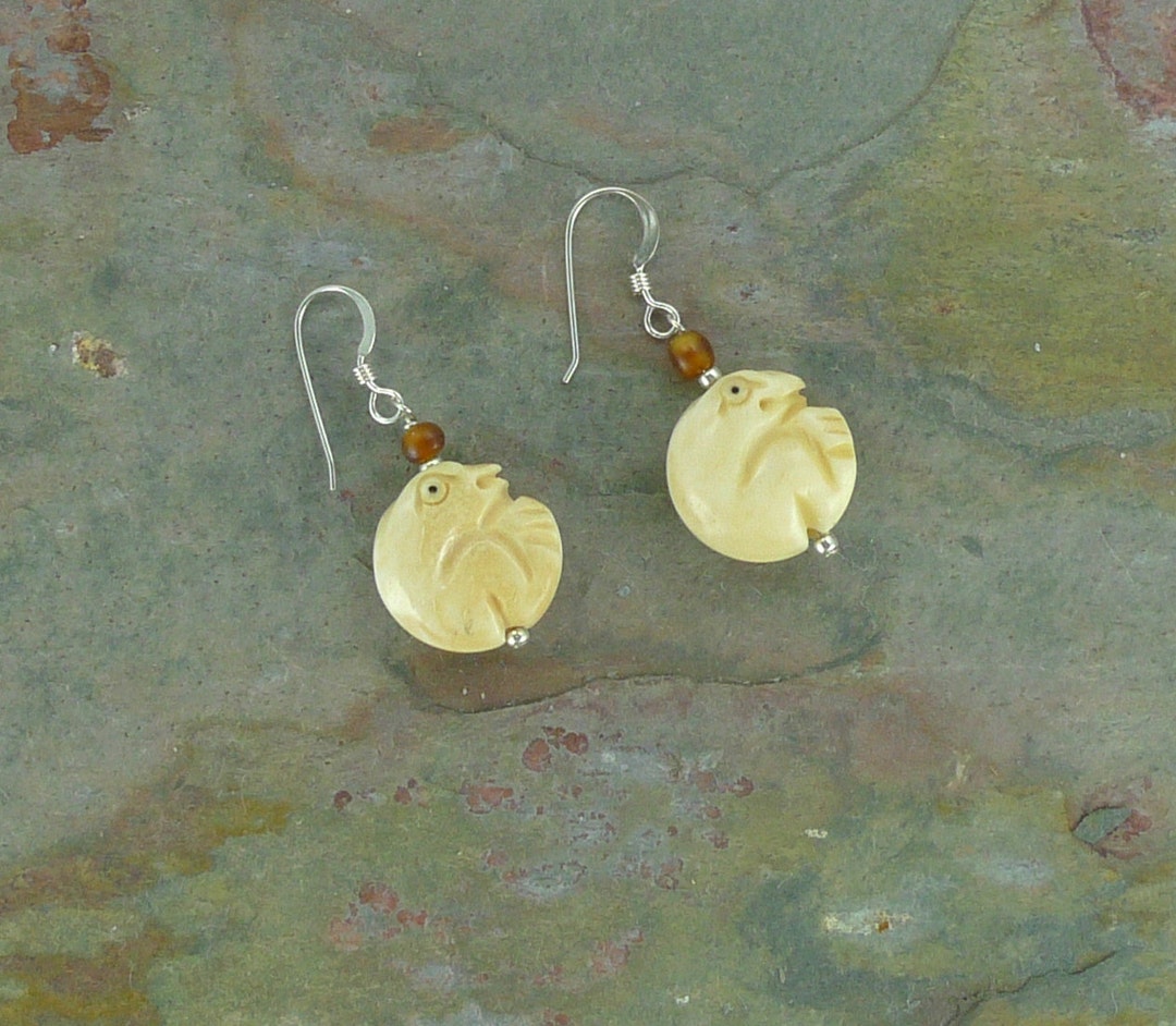 SALE: Fun FROG TOAD Carved Bone Golden Horn Sterling Silver Earrings - Etsy