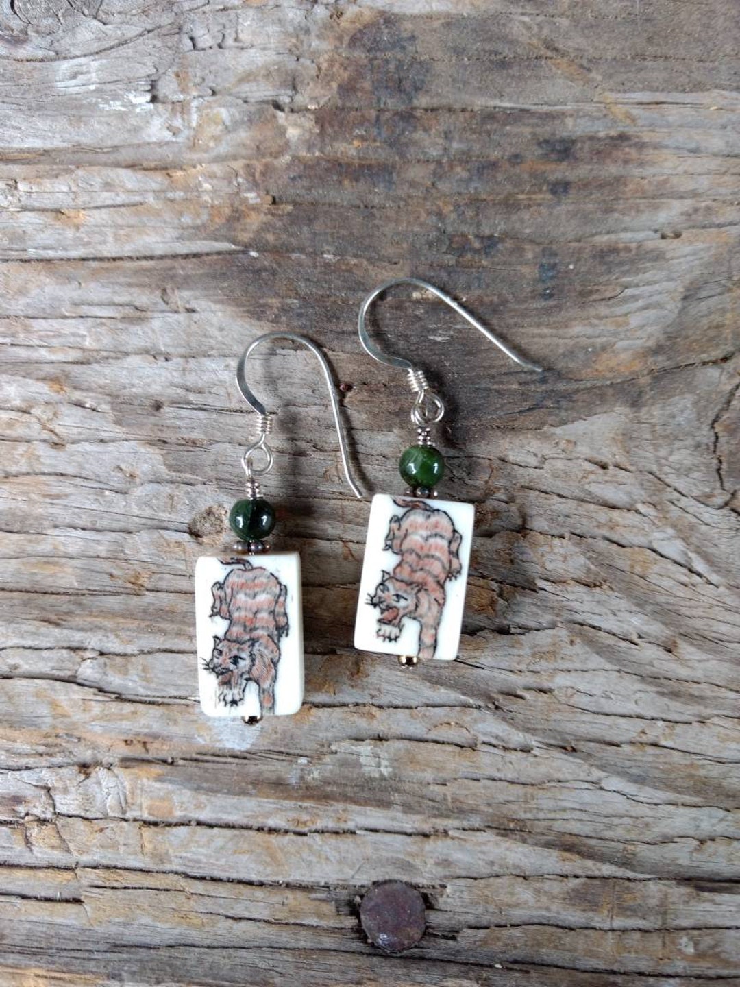 Earrings: TIGER Hand Painted With Green Hawkeye Stone Sterling - Etsy