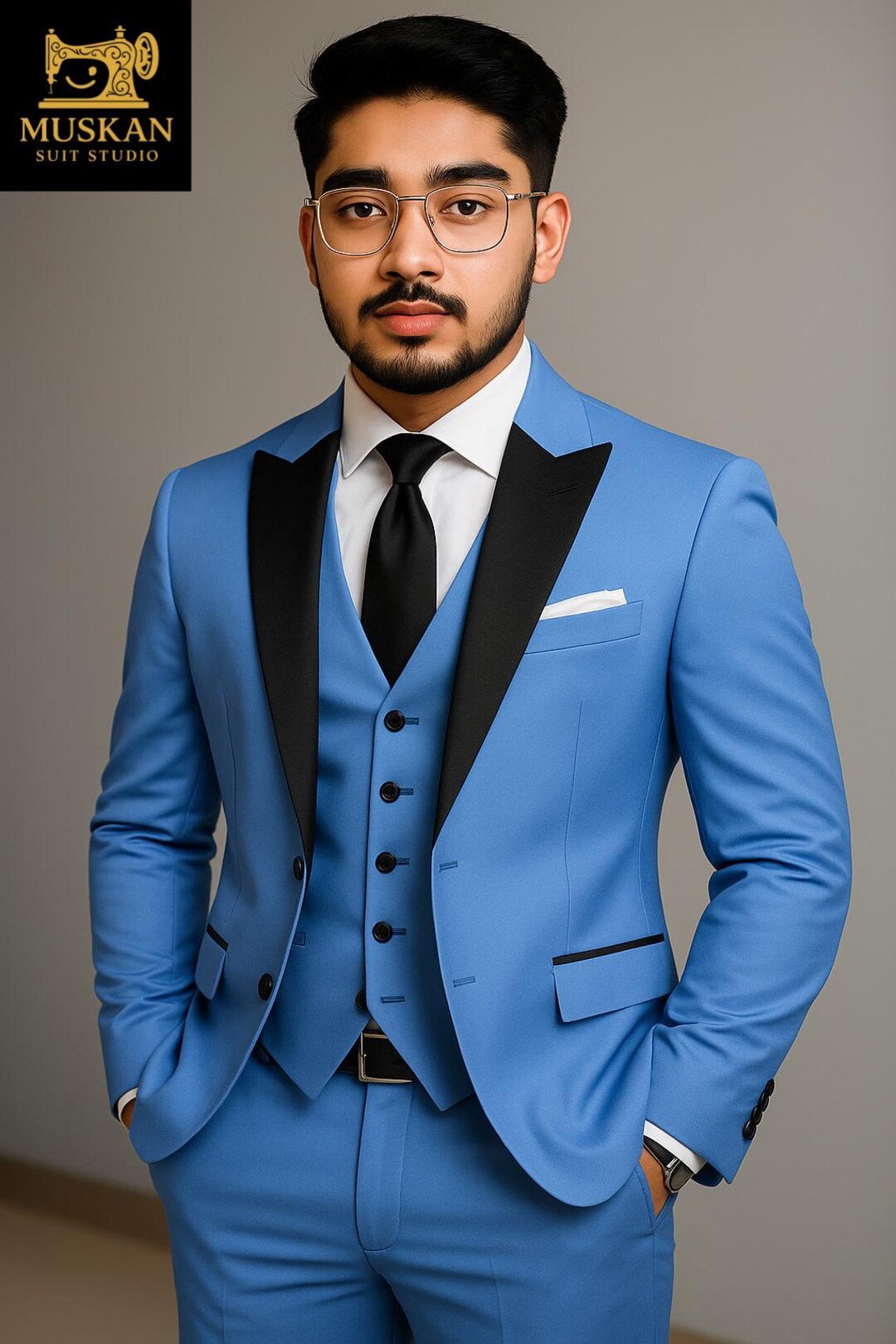 Sky Blue Coat Pant Set With Waistcoat | Groom Reception Outfit – Muskan ...
