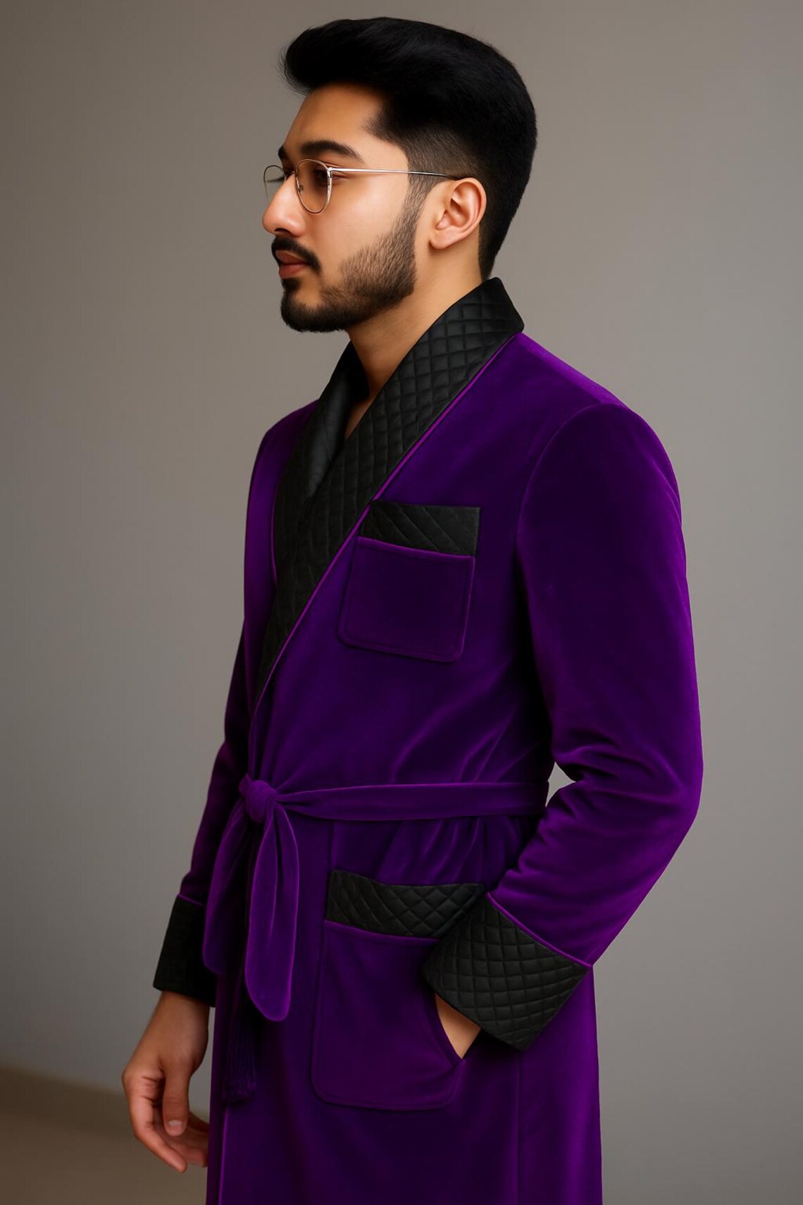 Velvet Quilted Shawl Collar Robe Coat for Men – Deep Purple | Muskan ...