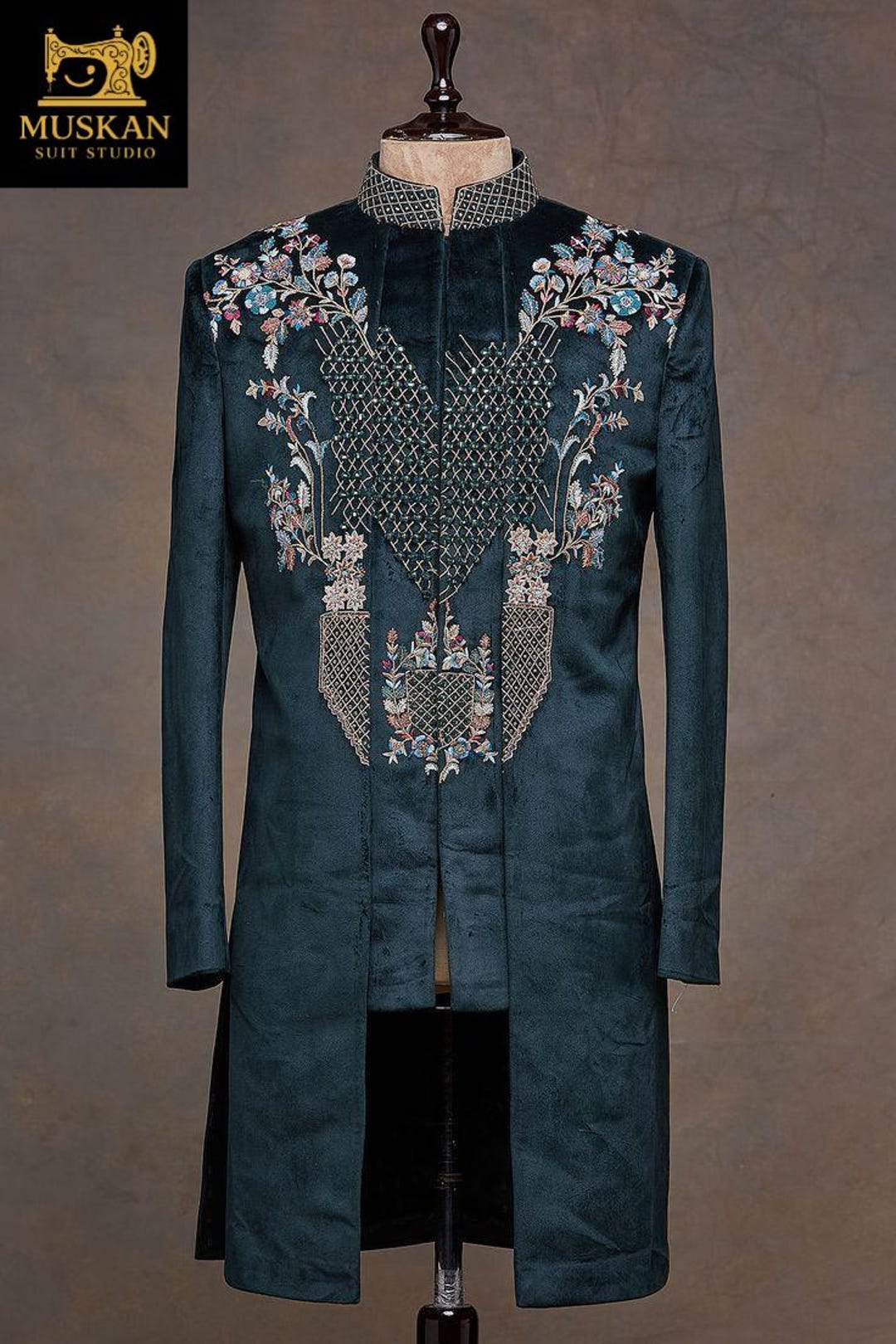 Emerald Green Velvet Sherwani | Hand Embroidered Groom Wedding Coat - Etsy