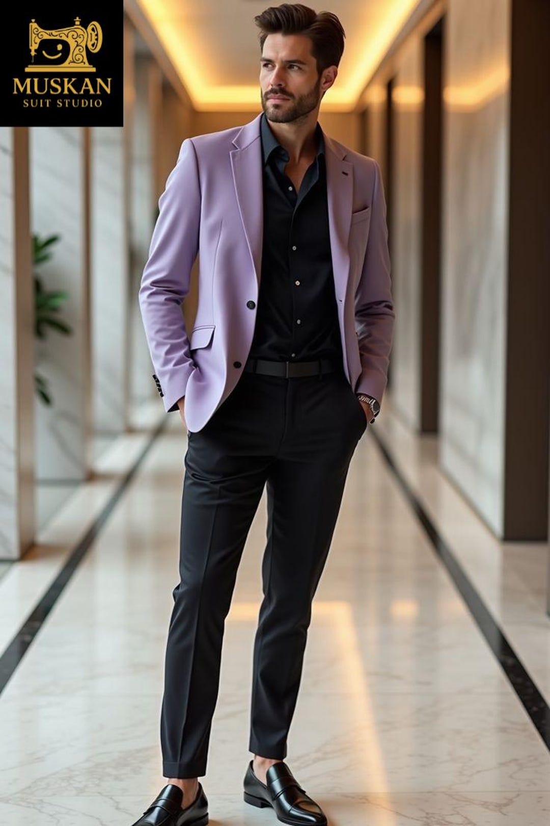 Men's Lilac Blazer Suit: Muskan Studio Slim Fit, Black Trousers - Etsy