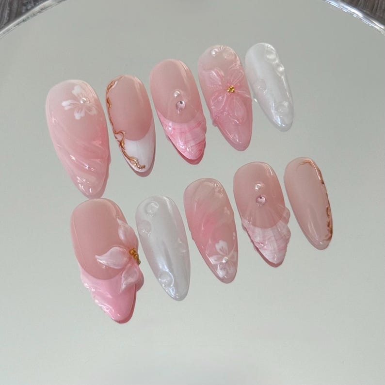 Pink Sunset Summer Press on Nails | Handmade 3D Seashell Nails ...